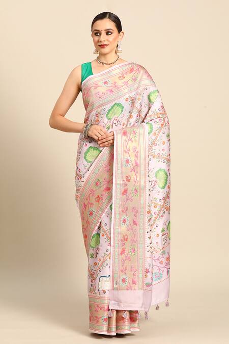 Buy White Silk Printed Botanical Checkered Saree With Running Blouse ...