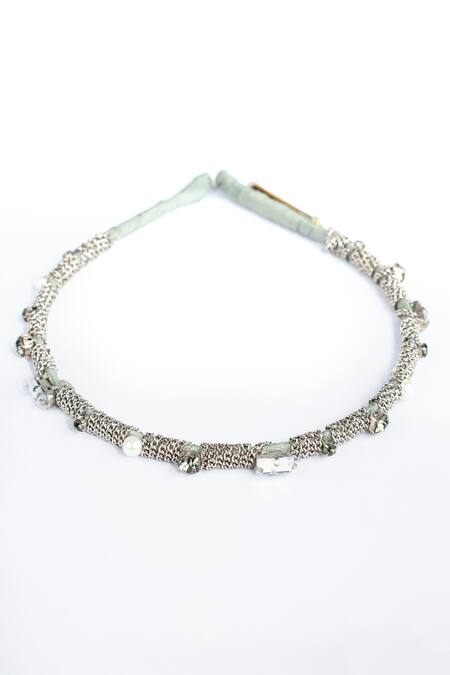 Buy Silver Embellished Queen Chain Hair Band by Born Flash Online at Aza Fashions.