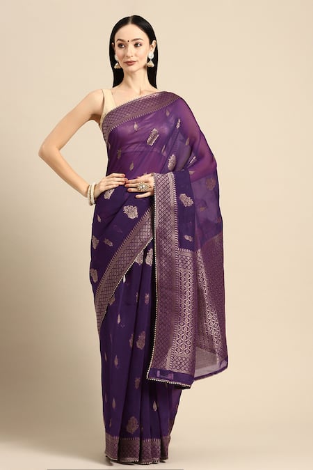Buy Purple Linen Blend Woven And Pattern Saree With Running Blouse For ...