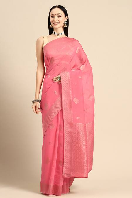 Buy Pink Linen Blend Woven Bloom And Floral Jaal Saree With Running ...