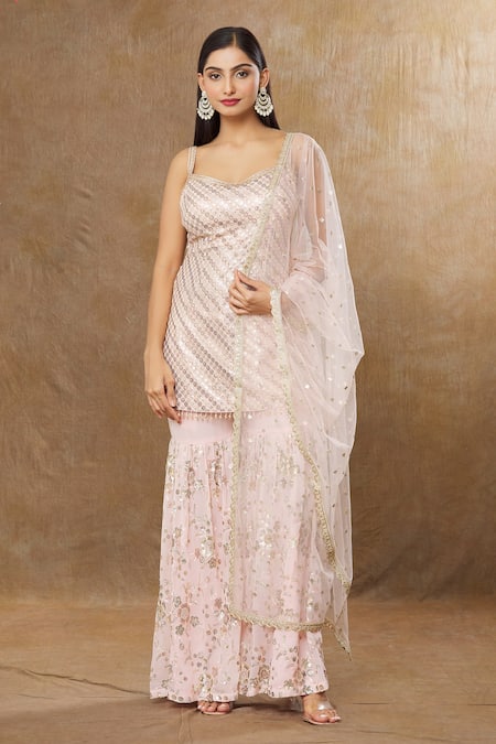 Buy Pink Kurta And Sharara Georgette Embroidery Sequins & Sitara Set ...