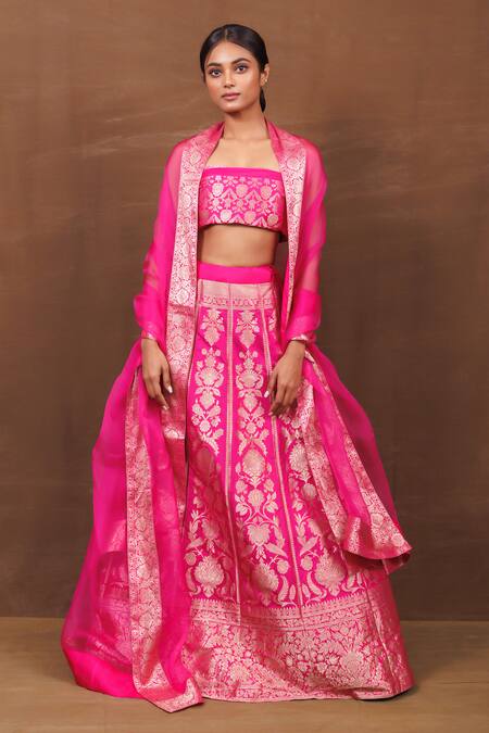 Buy Pink Banarasi Silk Handwoven Floral Pattern Lehenga Set For Women ...