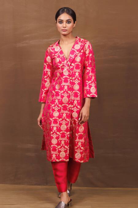 Buy Pink Banarasi Silk Handwoven Floral Lapel Pattern Coat And Pant Set ...