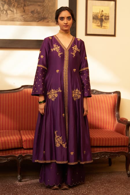 Buy Purple Silk Chanderi Hand Embroidered Rani Anarkali And Palazzo Set ...