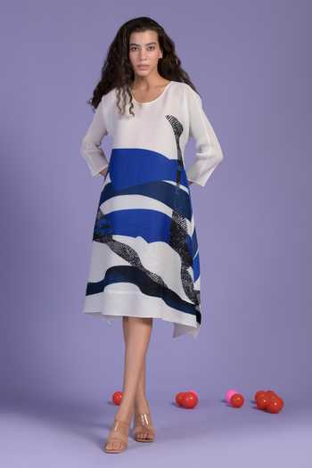 Buy Blue Polyester Round Neck Alissa Abstract Wave Dress For Women by ...