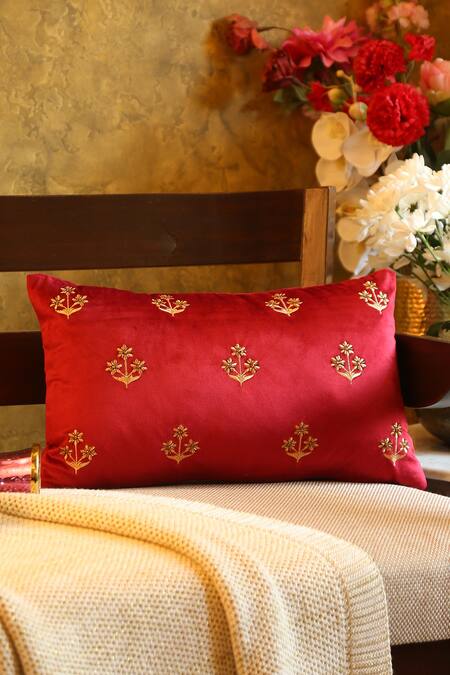 Buy Red Viscose Velvet Bead Rectangle Shaped Embroidered Cushion Cover ...