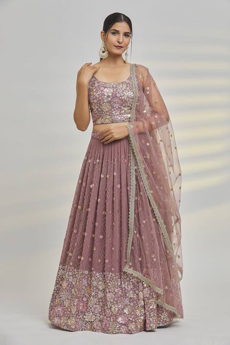 Buy Purple Georgette Embroidery Sequins Scoop Neck Resham And Lehenga ...