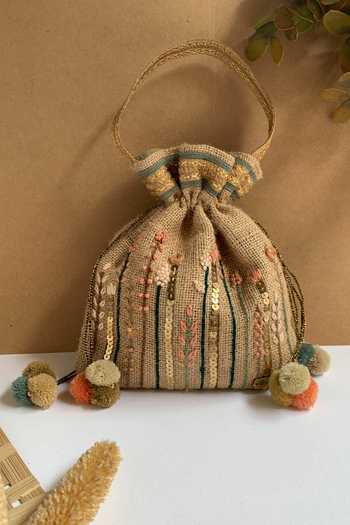 Buy Beige Thread Floral Embroidered Country Potli Bag by DHAAGA LIFE ...