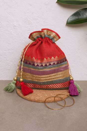 Buy Red Thread And Lace Hand Embroidered Royal Potli Bag by DHAAGA LIFE ...