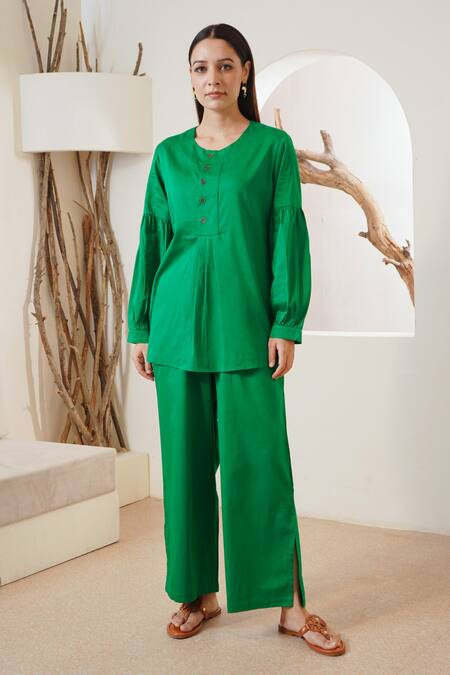 Buy Green Kurta Satin Round Front Placket And Pant Set For Women by ...