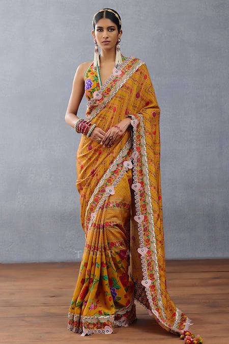 Buy Yellow Muslin Silk Printed Floral Dil Seher Shrim Saree For Women ...