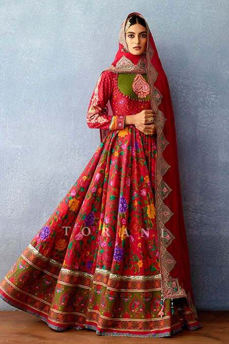 Buy Red Jeni Silk Printed Dil Surkh Nimat Blossom Anarkali With Dupatta ...