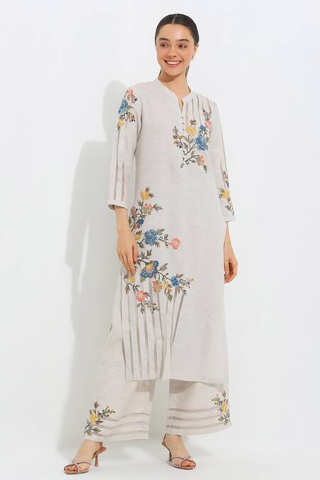 Buy Beige Linen Blend Floral Mandarin Collar Pavia Pattern Tunic With ...