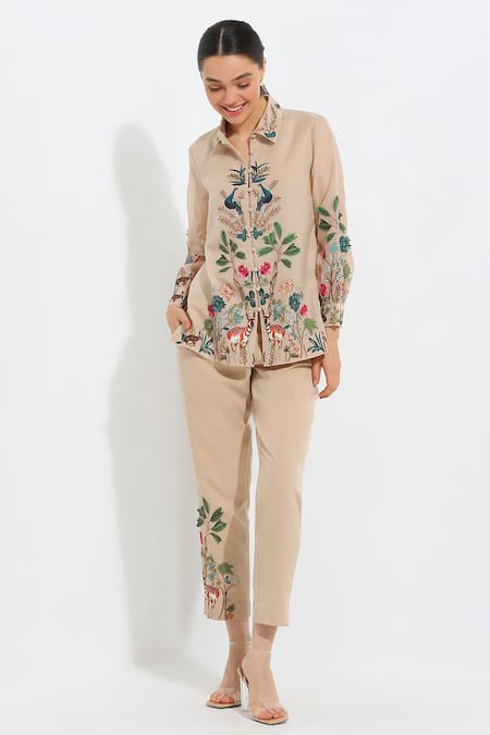 Buy Beige Linen Blend 3-d Floral Applique Shirt Collar Cabela Pattern ...