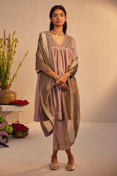 Buy Beige Anarkali Pure Silk Embroidered Zardozi V Neck Yoke With Pant ...