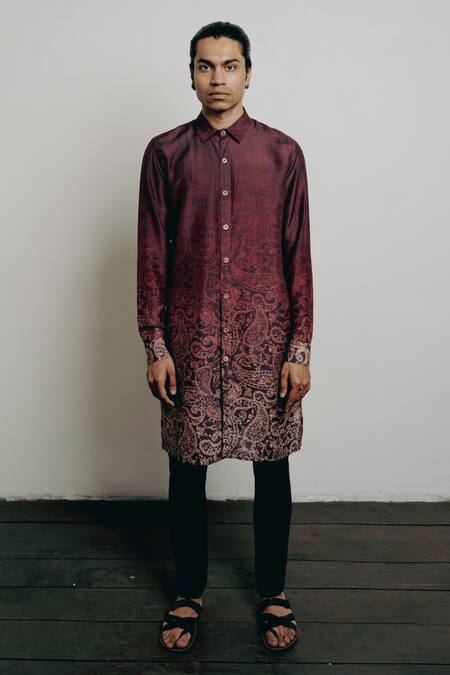 Buy Maroon Tussar Printed Paisley Pattern Short Kurta And Pant Set For ...