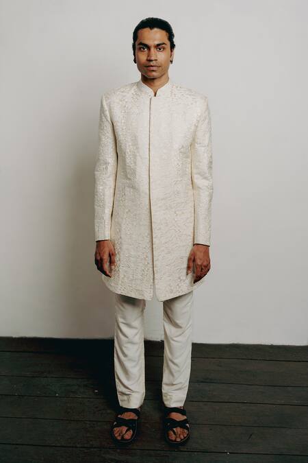 Buy Cream Cotton Viscose Embroidered Floral Jaal Sherwani And Pant Set ...