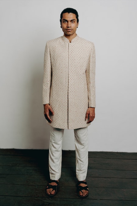 Buy Beige Cotton Viscose Hand Embroidered Beads Sherwani And Pant Set ...