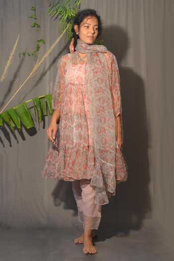 Buy Grey Organza Printed Pomegranate Dress V Neck Tiered Anarkali Set ...