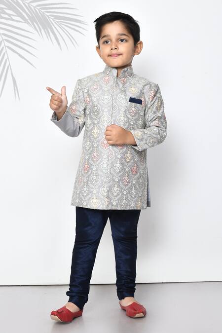 Buy Grey Sherwani Cotton Silk Embroidered Thread Floral With Churidar ...