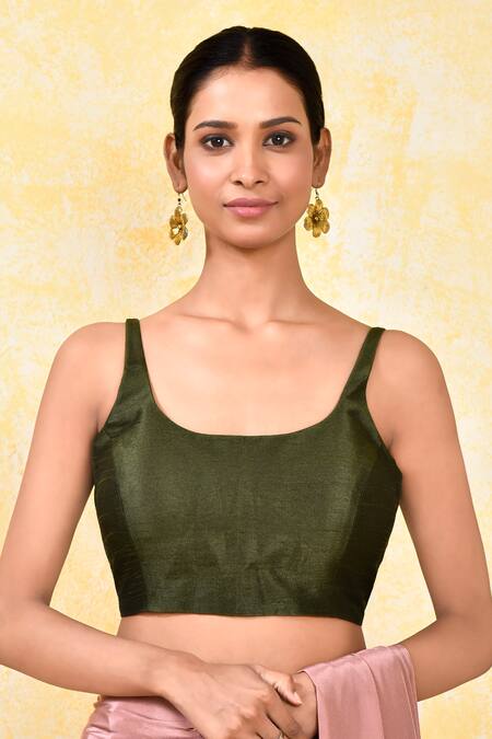 Buy Green Taffeta Silk Solid Round Plain Deep Back Saree Blouse For ...