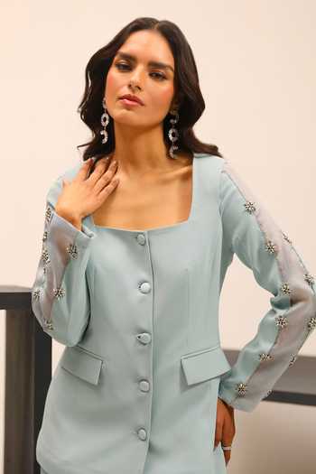 Buy Blue Twill, Taffeta Embroidery Elsa Hand Sleeve Blazer With Trouser ...