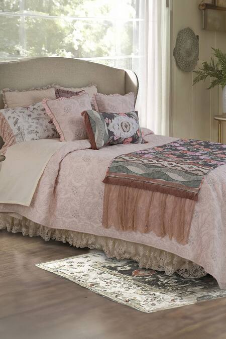 Buy Pink Cotton Linen Thread Binge And Floral Embroidered Bedding Set ...