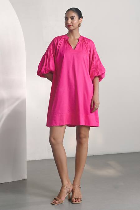 Buy Fuchsia Cotton Satin Solid Band V Neck Short Dress For Women by MoonTara Online at Aza Fashions.