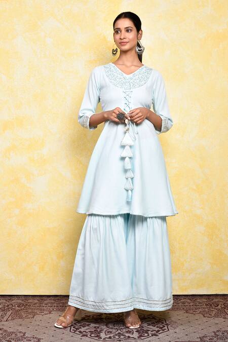 Buy Blue Shell And Lining Cotton Printed Floral V Kavya Yoke Kurta ...