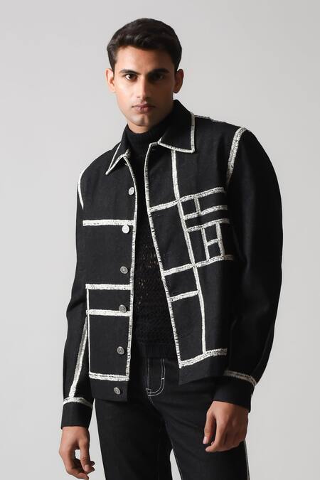 Buy Black Raw Denim Hand Crocheted Building Blocks Trucker Jacket For ...