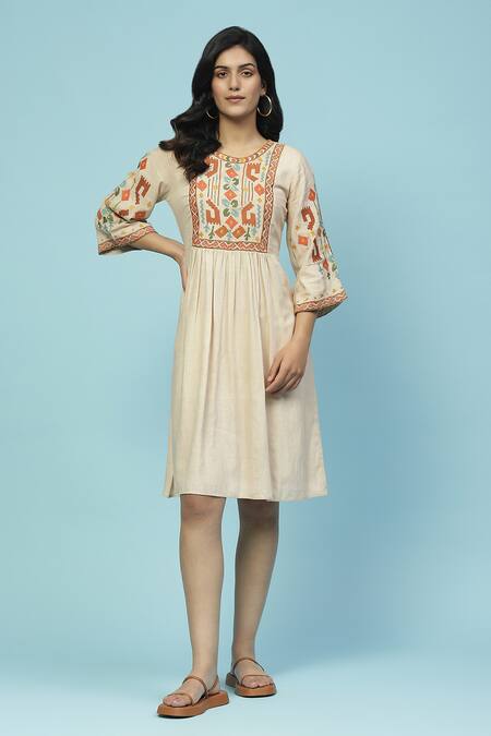 Buy Off White Rayon Slub Embroidery Abhavya Round Neck Dress For Women ...