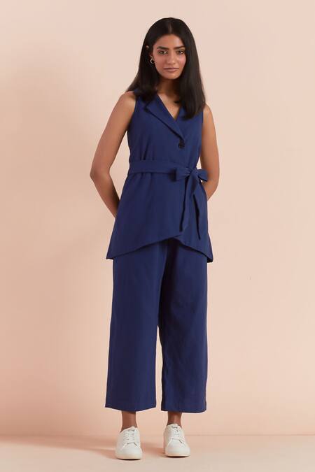 Buy Blue Twill Cotton Solid Lapel Collar Flared Top For Women by Priya ...