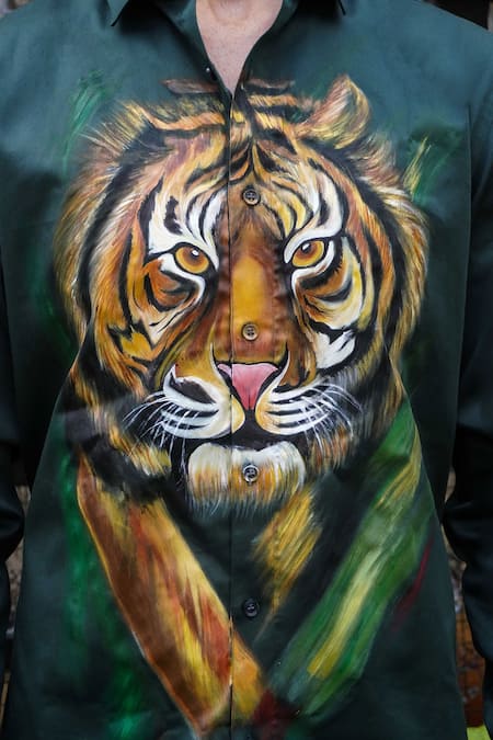 Buy Green Cotton Blend Handpainted Tiger In The Wild Shirt For Men by Avalipt Online at Aza Fashions