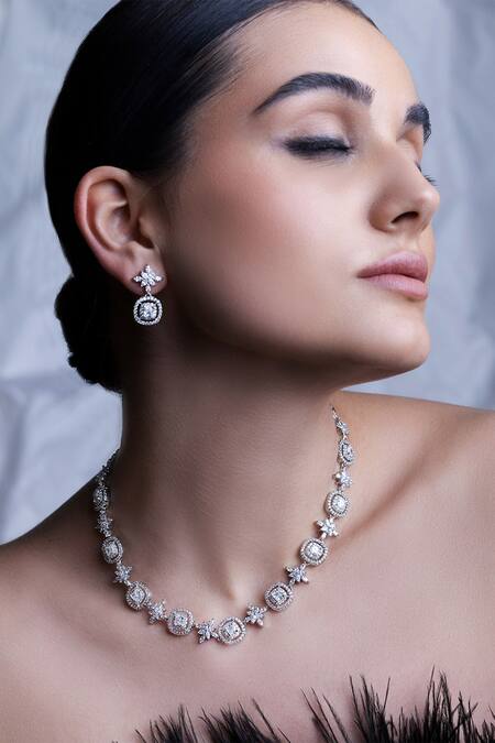 Buy Silver Plated Cubic Zirconia Stones String Of Stars Necklace Set by ...