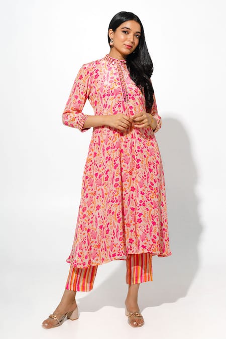 Buy Pink Bemberg Crepe Printed Floral Mandarin A-line Kurta With Pant ...