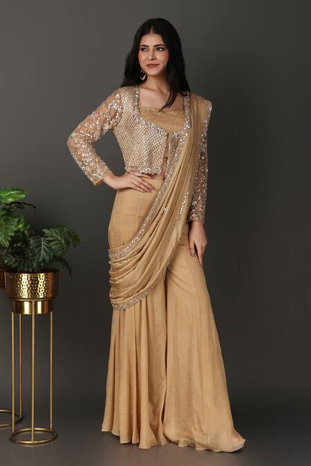 Buy Gold Georgette Embroidered Work Jacket Pre-draped Sharara Saree Set ...