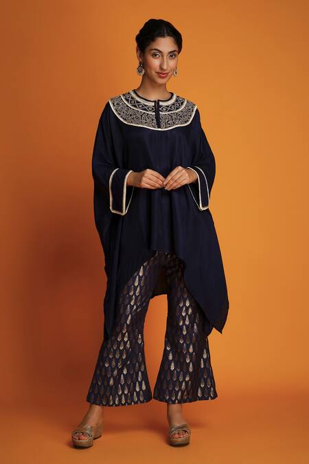 Buy Blue Leaflet Pattern Bell Bottom Pant For Women by Krishna Mehta ...