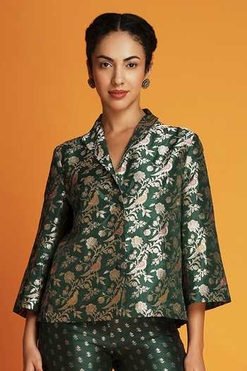 Buy Emerald Green Brocade Woven Floral Jaal Collar Jacket For Women by ...