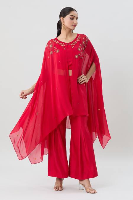 Buy Red Faux Leather Sequins, Embroidery Round Neck Cape And Palazzo ...