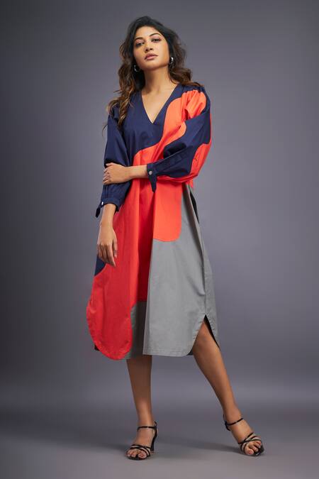 Buy Blue 100% Cotton Colorblock V Neck Roll Oversized Midi Dress For ...