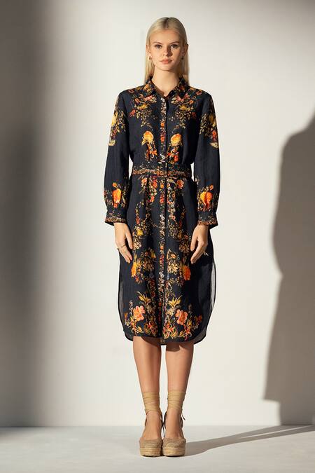 Buy Black Linen Blend Print Floral Collared Neck Darcy Pattern Shirt ...