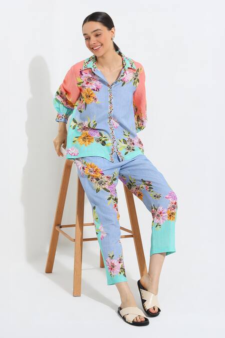 Buy Multi Color Linen Blend Print Floral Alexa Rara Pant For Women by ...
