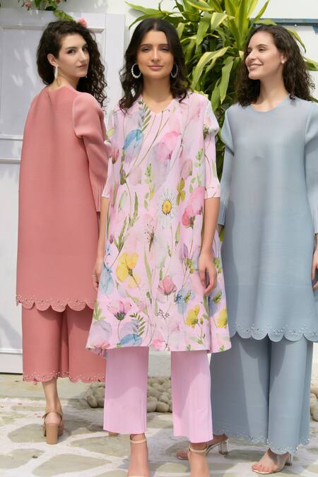 Buy Pink Pleated Polyester Print Lily V Laylon Fleur Tunic With Pant ...