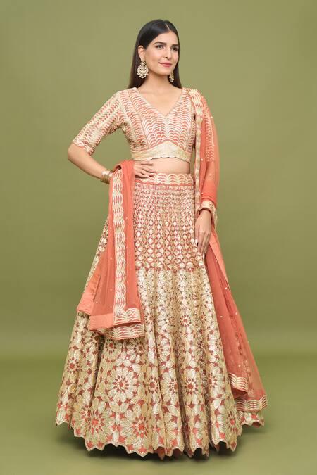 Buy Coral Embroidery Zari Thread V Gota Bridal Lehenga Set For Women by ...