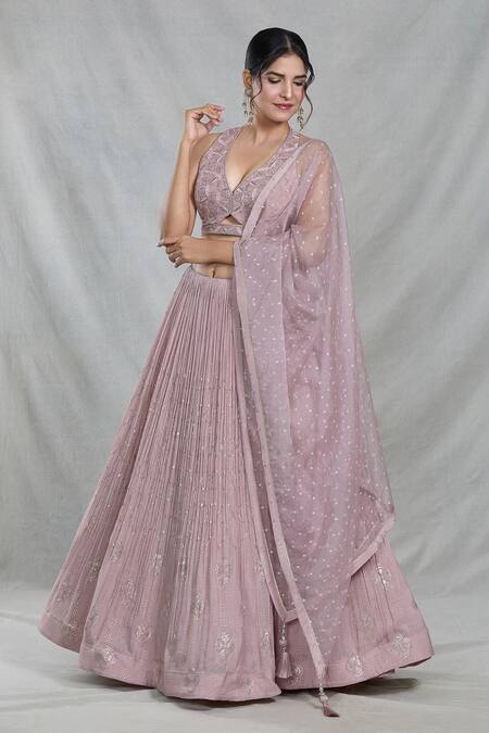 Buy Pink Silk Embroidery Sequin Halter Neck Periwinkle Lehenga Set For ...
