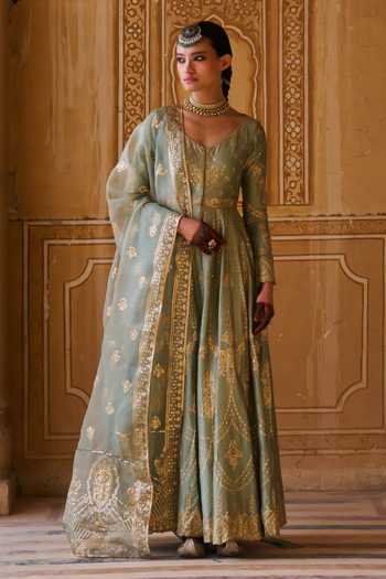 Buy Green Anarkali And Pant Chanderi Hand Embroidered Dori Jacket Set ...