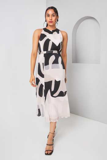 Buy Black Satin, Chiffon Round Neck Micro Pleated Abstract Print Midi ...