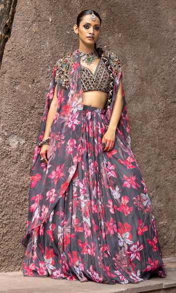 Buy Multi Color Organza Printed Floral Nur Iris Embellished Lehenga Set ...