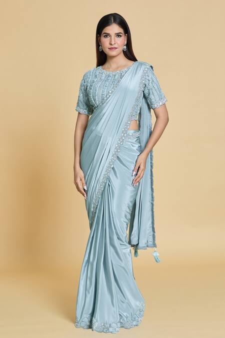 Buy Blue Saree Silk Crepe Georgette Embroidered Cord Hem Pre-draped ...