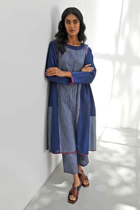 Buy Blue Handloom Cotton Printed Striped Round Athena Dress For Women ... Buy Blue Handloom Cotton Printed Striped Round Athena Dress For Women ...